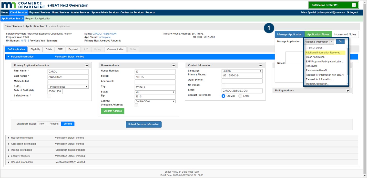 EAP Application tab. Manage Application dropdown list with Additional ...